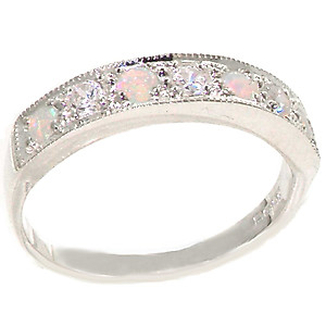 LetsBuyGold 14k White Gold Natural Diamond and Opal Womens Band Ring (0.18 cttw, H-I Color, I2-I3 Clarity)