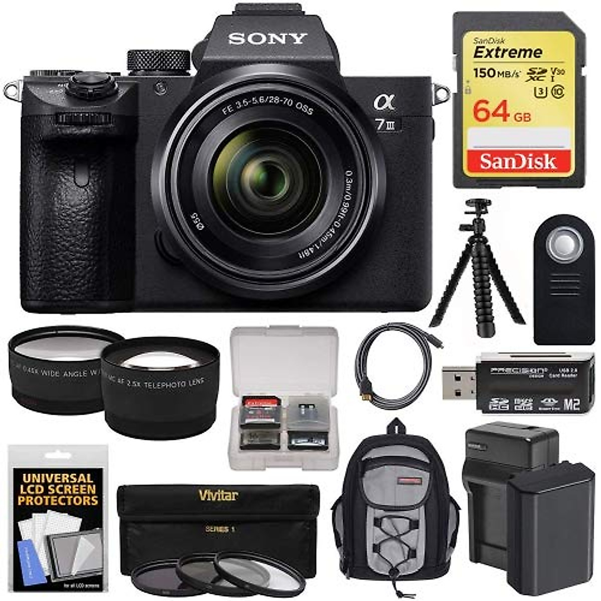 Sony Alpha A7 III 4K Digital Camera & 28-70mm FE OSS Lens with 64GB Card + Battery & Charger + Backpack + 3 Filters + Tripod + Tele/Wide Lens Kit