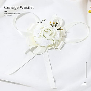 Yean White Rose Wrist Corsage Bride Wedding Hand Flower Handmade Whith Ribbon Corsage Wristlet Wedding Party Prom Decorations Accessories for Women and Girls