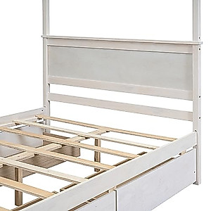 Wood Canopy Bed with 4 Storage Drawers, Full Size Canopy Platform Bed Frame with Headboard & Footboard for Kids Girls Boys, No Box Spring Needed (Brushed White)