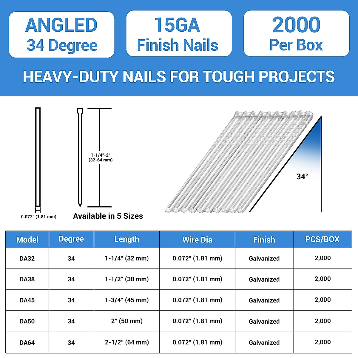 meite 15 Gauge Angled Finish Nails, 2-Inch 34 Degree DA Series Galvanized Finishing Nails for Nailer Guns - Perfect for Window Trim, Cabinet Building and Other DIY Projects (2,000 Counts)