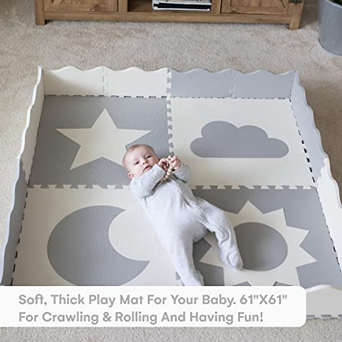 Baby Play Mat Tiles - 61" x 61" Extra Large, Non Toxic Foam Baby Floor Mat - Grey & White Interlocking Playroom & Nursery Playmat - Safe & Protective for Infants & Toddlers (Grey)