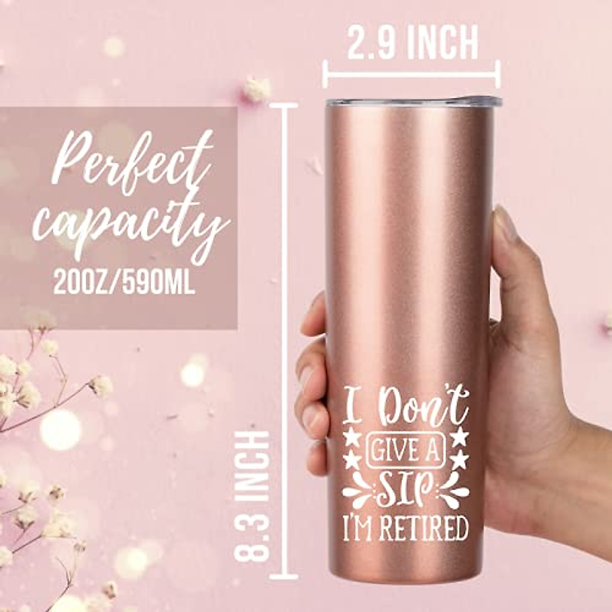 Onebttl Retirement Gifts for Women, Funny Retirement Tumbler 20oz Stainless Steel, Retirement Gifts for Coworkers, Grandma, Friends, Nurse, Retired Gifts - Rose Gold (I Don't Give a Sip I'm Retired)