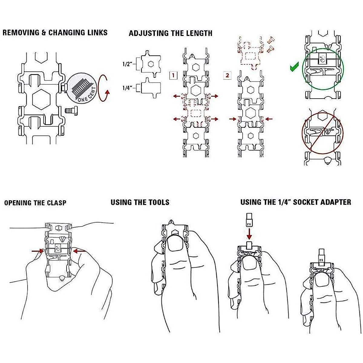 Multitool Bracelet 29 in 1, 22cm Stainless Steel, Multi Tool Bracelet for Men Outdoor Travel Watch Strap, Multifunctional Wristbands, Portable Wearable Multitool Trend Bracelet with A Pry Tool (Black)