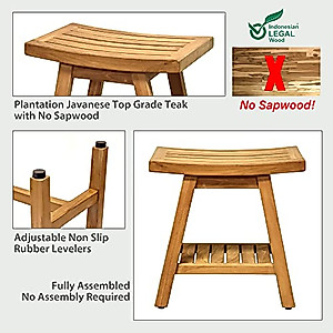 Asta Saba Solid Teak Indoor Outdoor Shower/Bath/Spa Stool Bench with Bottom Shelf, Fully Assembled, TB-115A