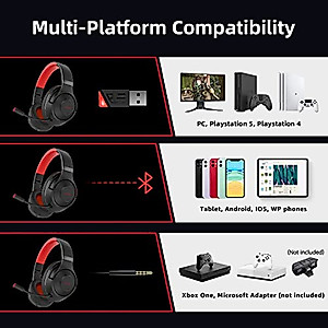 2.4Ghz Wireless Gaming Headset for PC, PS5, PS4, MacBook, with Microphone, Over-Ear Bluetooth Headphones for Cell Phone, Soft Earmuff - 40 Hours Playtime, Only Wired Mode for Xbox Series, Red