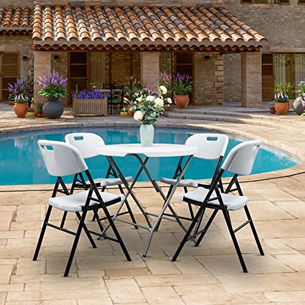 Outvita Outdoor Plastics Folding Chairs, Set of 4 Foldable Dinning Chairs for Wedding, Parties, Camping, Picnics Black & White