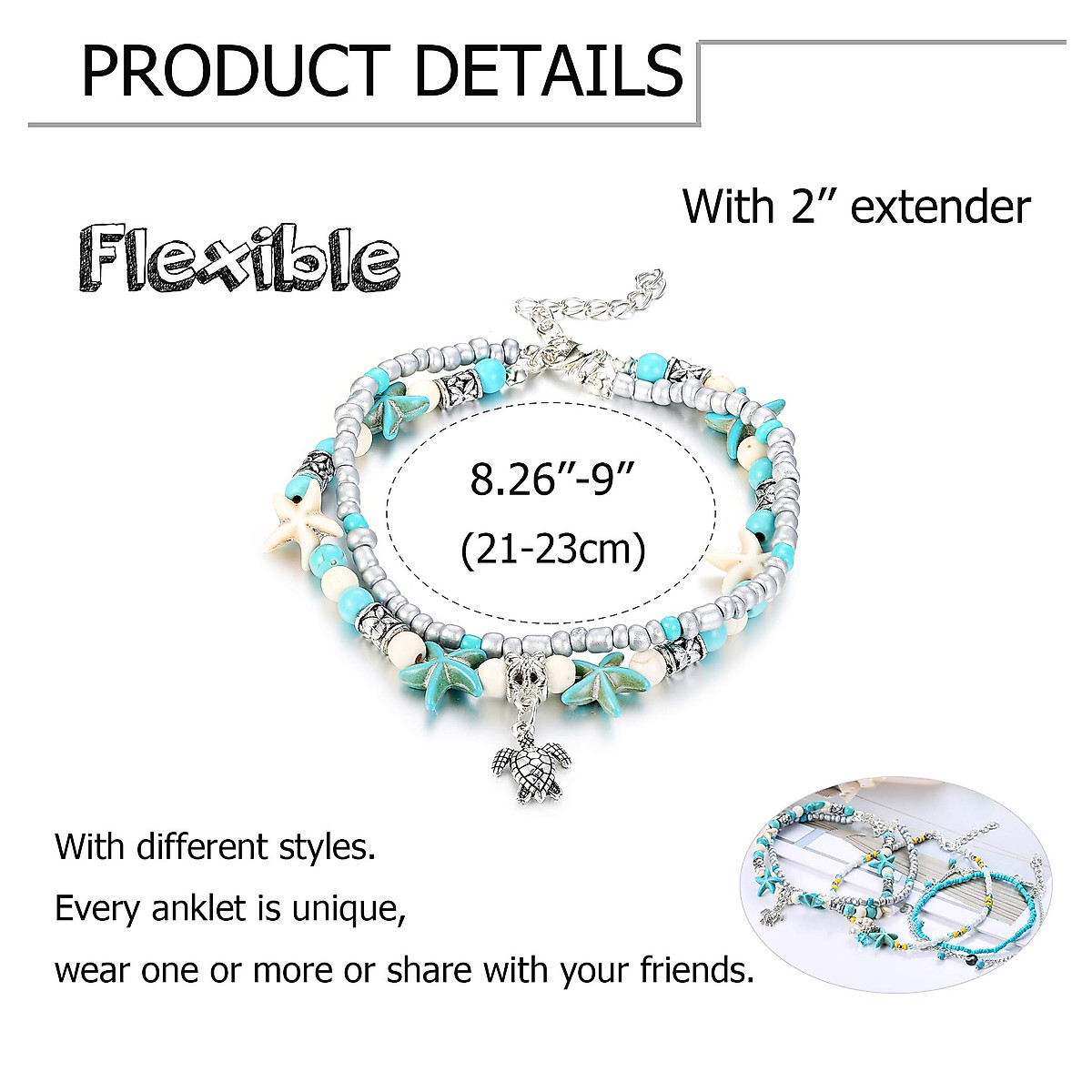 LOYALLOOK 18Pcs Anklet Bracelets for Women Ankle Chain Turtle Wave Anklet Beach Ankle Bracelets Foot Jewelry for Women