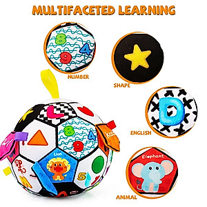 Inbeby Sensory Ball Baby Toy 6 12 Months, Musical Plush Soccer Ball for Toddler 1 2 3, Black and White High Contrast Baby Toy with Crinkle & Squeaker, Infant Baby 6 12 18 Month Toddler 1 2 3