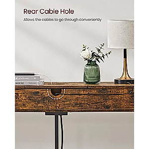 VASAGLE 70 Inch Console Table with Outlet and Shelves, Sofa Table with Hidden Charging Station, Behind Couch Table Skinny, Long Entryway Table for Hallway, Living Room, Rustic Brown and Black