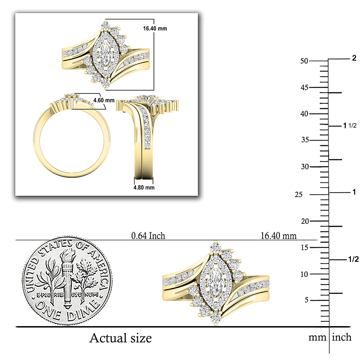 Dazzlingrock Collection 0.95 ctw Marquise & Round Diamond Wedding Ring Matching Band Set for Women (Color I-J, Clarity I2-I3) in 10K Yellow Gold Size 7