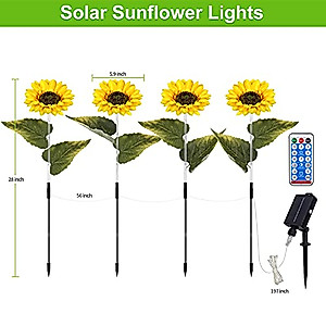 Solar Sunflower Lights Outdoor Garden Decorations, 4 in 1 Solar Flower Lights with Remote, 8 Shinning Modes 4 Brightness Level IP65 Waterproof Auto On/Off Led Garden Stake Lights for Yard Lawn Patio