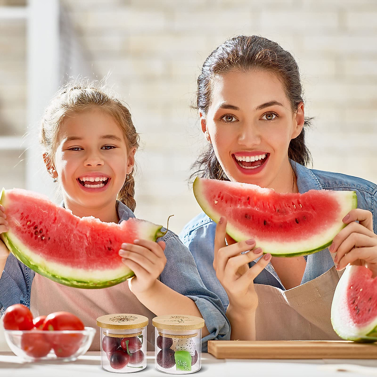 Tessco 6 Packs Yogurt Jar Lids Set Bamboo Wood for Jars Reusable Lid with Silicone Sealing Rings and Different Patterns Compatible Oui Glass Containers