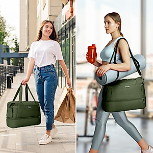 ETRONIK Gym Bag for Women, Travel Duffel Bag with USB Charging Port, Weekender Overnight Bag with Wet Pocket and Shoes Compartment for Women, Travel, Gym, Yoga (Army Green)