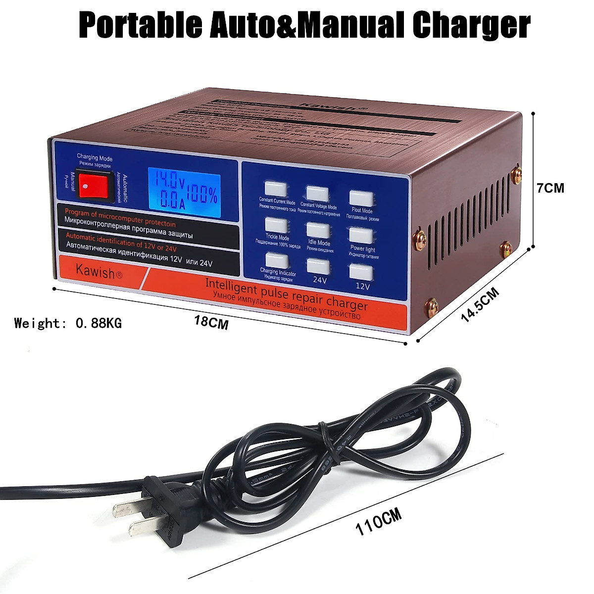 Kawish Full Automatic Car Battery Charger 12V/10A | 24V/7.5A Intelligent Pulse Repair Battery Charger Truck Motorcycle Charger with Terminal Clean Brush for Automotive,Boat,Motorcycle