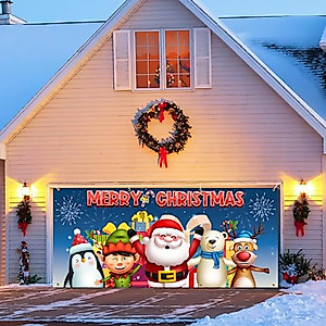 Christmas Garage Door Banner 16 x 7 ft, Merry Christmas Holiday Garage Door Decorations Cover Santa's Reindeer Garage Door Murals Large Backdrop Background for Photo Christmas Party Outdoor Banner
