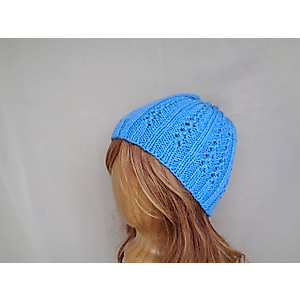 Womens Beanie Hat with Lace Design, Sky Blue, 100% Wool, Hand Knit Snug Cap, Teen Girls Skater Skullie