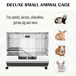PawHut 2-Level Small Animal Cage Rabbit Hutch with Wheels, Removable Tray, Platform and Ramp for Bunny, Chinchillas, Ferret, Black