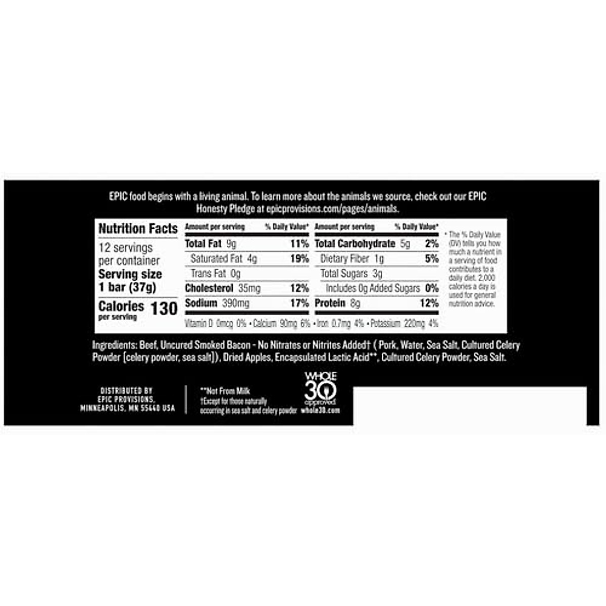 Epic Beef Apple Bacon Bars, Whole30, Paleo Friendly, 12 ct