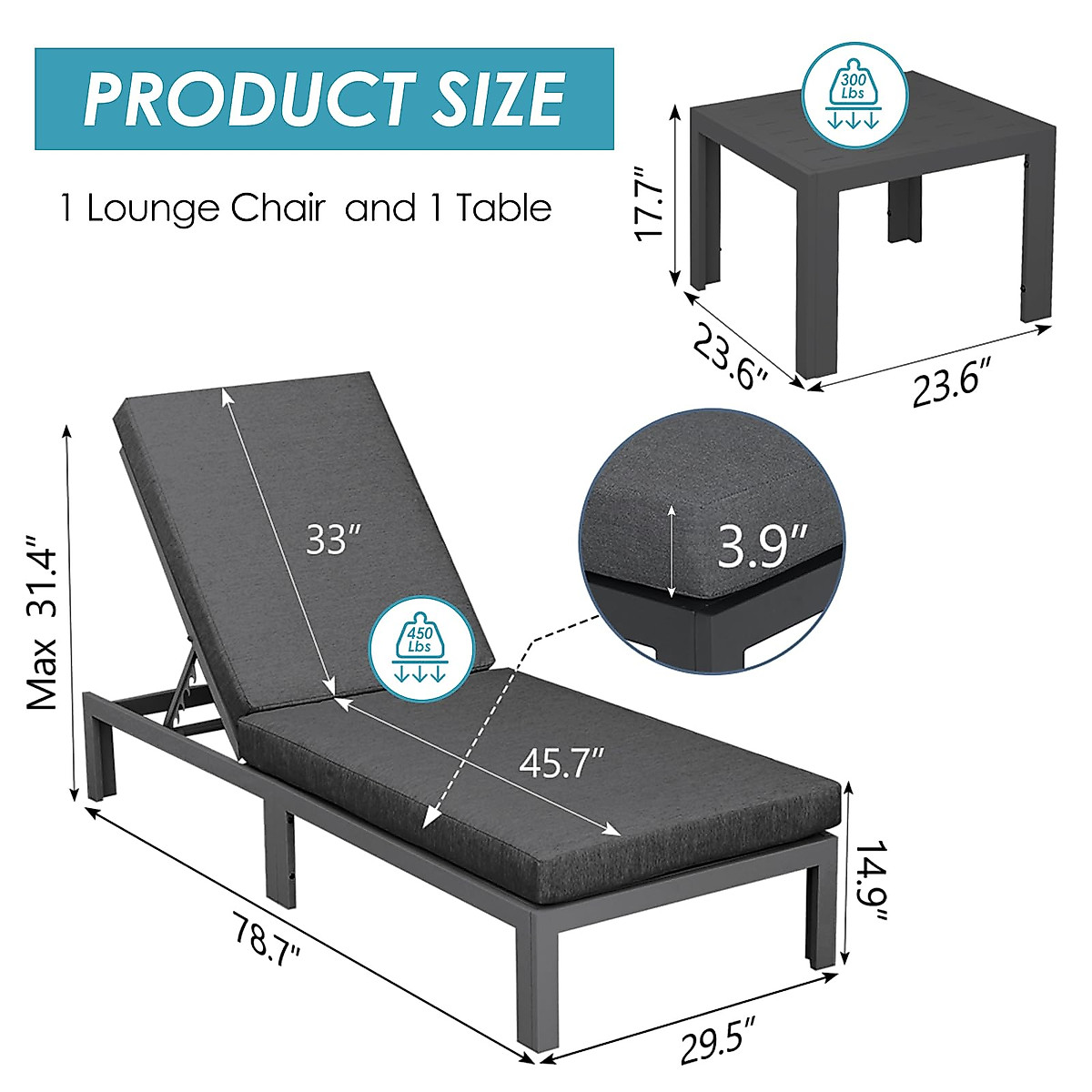 OUTPLATIO Aluminum Lounge Chair and Table for All-Aluminum Conversation Sets Outdoor Patio Furniture Sectional Set (2pcs, Grey)