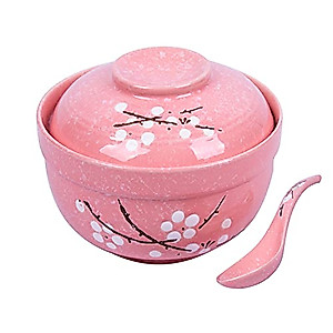 LLDAYU Japanese Creative Hand-Painted Ceramic Bowls with Soup Spoon, Large 27.5 OZ ramen bowls/Soup bowls,with Heat Preservation Function, and Suitable for Microwave Oven, and Dishwasher- pink