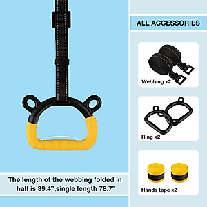 EXQ Home Kids Gymnastic Rings Pull up Rings for Chlidren Exercise,Indoor Gym Ring,Kids Gymnastics Rings with Adjustable Straps,Load Bearing 220lb,Yellow Hands Tape (NO Bar)