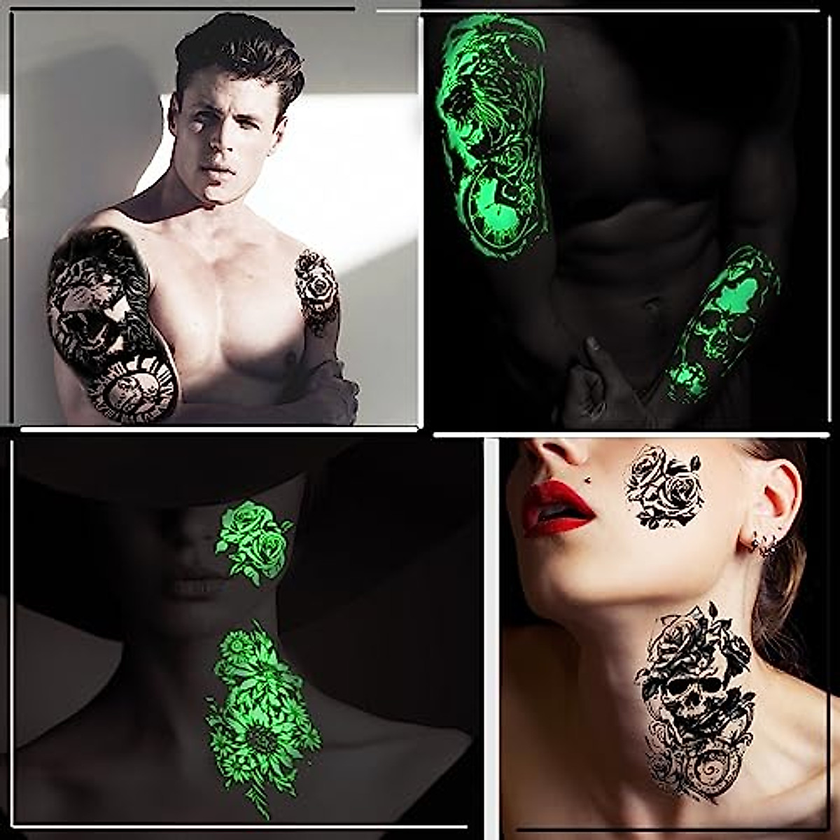 24 Sheets Glow in the Dark Temporary Tattoo Wolf Flower Luminous Fake Tattoos for Adults Men Women Kids Tiny Halloween Tattoo Stickers Neon Rave Festival Accessory Glow Party Supplies Decorations