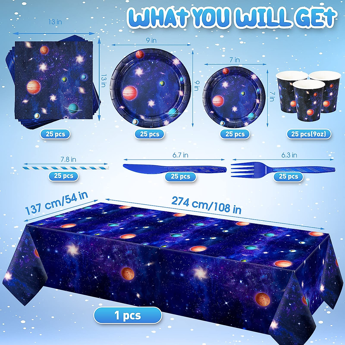 176 Pcs Space Party Decorations Supplies Galaxy Party Tableware Set, Space Themed Party Supplies Plates Napkins Cups Knives Straws Forks Spoons Sets Tablecloth for Boy Girl
