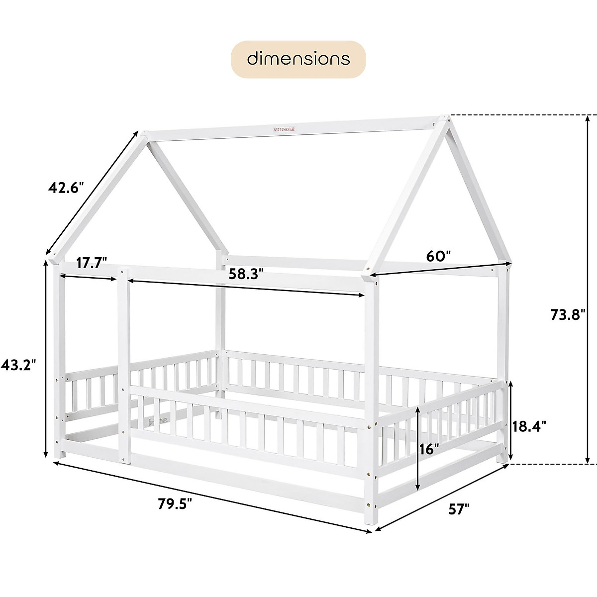 Full Size House Floor Bed Wooden Montessori Bed with Fence and Roof for Kids Playhouse Style Bed Frame for Girls Boys Teens, White