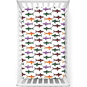 Shark Party Themed Fitted Crib Sheet,Standard Crib Mattress Fitted Sheet Toddler Bed Mattress Sheets-Baby Crib Sheets for Girl or Boy,28“ x52“,Multicolor