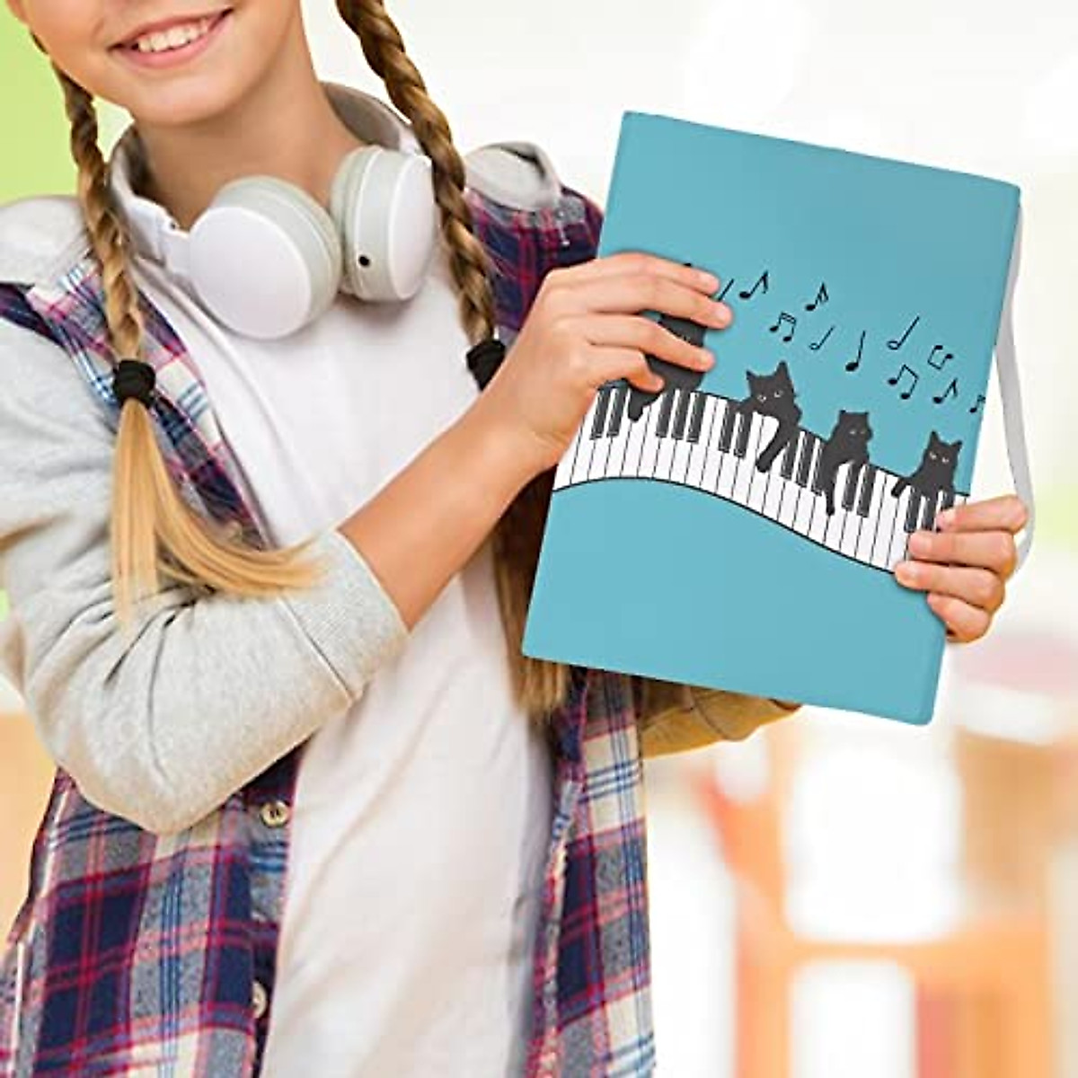 Flashideas Cat with Piano Washable Book Covers for Book Lovers Notebook Protector for Documents Protective Durable Reuseable Washable Book Dust Jacket Covers