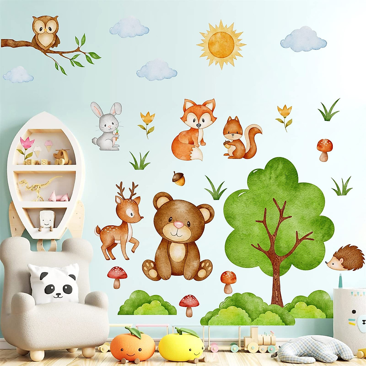 Watercolor Tree Animals Wall Decals,Cartoon Animal Wall Stickers,Nursery Wall Decor Woodland Animal Wall Decals,Fox Giraffe Bear Forest Animal Wall Decal for Kids Room Bedroom Classroom Playroom Decor