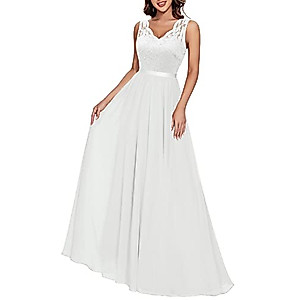 Daisyaner Women's Formal Floral Lace V-Neck Formal Dresses Evening Party Elegant Maxi Dress for Wedding Guest White L