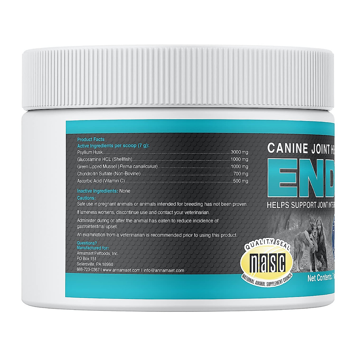 Annamaet Endure – Hip & Joint Powder Supplement for Dogs – with Glucosamine, Chondroitin and Green Lipped Mussel for Joint Support and Psyllium for Gut Health - 200 g