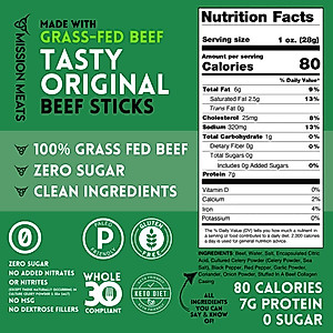 Mission Meats Grass Fed Beef Sticks – Sugar Free Beef Sticks, Gluten Free, Whole 30, Paleo, Keto Meat Sticks, Sugar Free Jerky Beef Sticks Individually Wrapped, 1oz (Original, Pack of 12)