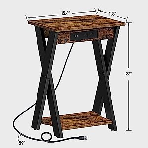 TUTOTAK End Table with Charging Station, X Shaped Side Table with USB Ports and Outlets, Nightstand, 2-Tier Storage Shelf, Sofa Table for Small Space, Brown TB01BB048