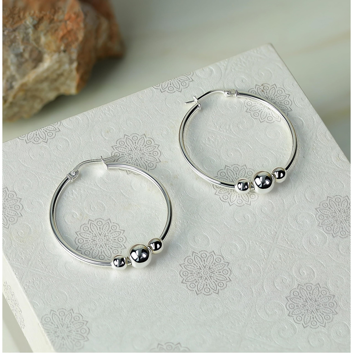 Hoops & Loops - Sterling Silver Beaded Ball Click Top Hoop Earrings in Sterling Silver