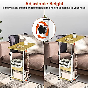 TeqHome C Shaped End Table, Height Adjustable C Side Table with Metal Frame, 4 Wheels and Storage Shelves, Rustic Snack TV Tray Table for Couch, Bed, Sofa, Living Room, Bedroom (Wood Color)