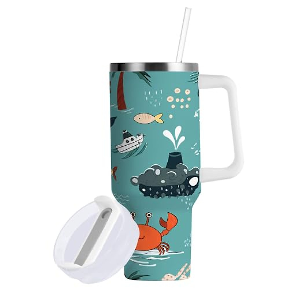 Burbuja Cute Marine Animals 40oz Insulated Tumblers with Handle and Straw Lid, Double Wall Stainless Steel Travel Mug Leak-Proof, BPA Free, Gift for Mom Dad