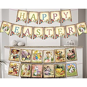 25 Pcs Vintage Easter Decorations Happy Easter Banner Garland Decoration Retro Easter Egg Bunny Bunting Garland for Wall Door Fireplace Mantle Decor Supplies Rustic Easter Hanging Bunting Party Favors