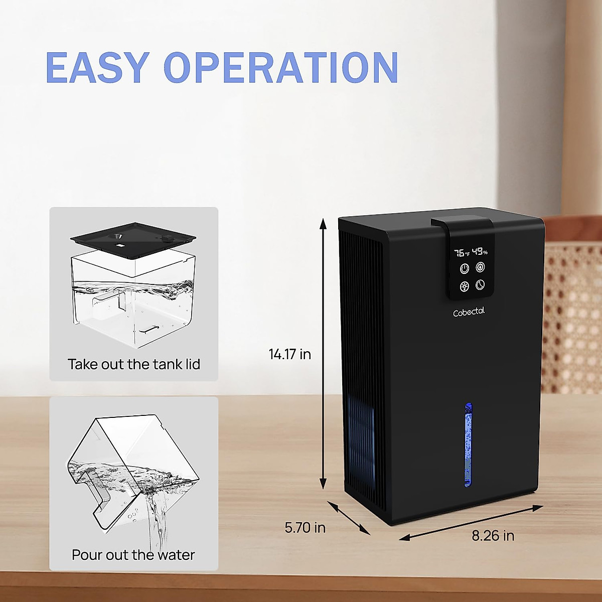 Cobectal Electric Dehumidifier for Home, Portable Dehumidifier Auto Shut Off, 3 Modes with 95oz Water Tank, Air Dehumidifier with Colorful Light for Basement, Bedroom, Bathroom, Closet (Black)