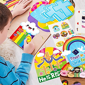 Haooryx 66PCS Christian Sunday School Craft Kit He Is Risen Hanging Ornament and Sticker Set Armor of God Crosses DIY Paper Ornament VBS Religious Sunday School Activities for Kids
