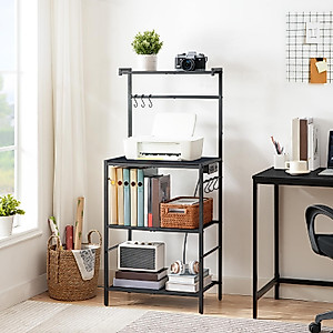 MAHANCRIS Bakers Rack with Charging Station, Microwave Stand with 6 S-Shaped Hooks, 4-Tier Storage Rack, Multifunctional Coffee Bar, for Kitchen, Dining Room, Charcoal Gray and Black BRHT35E01N1