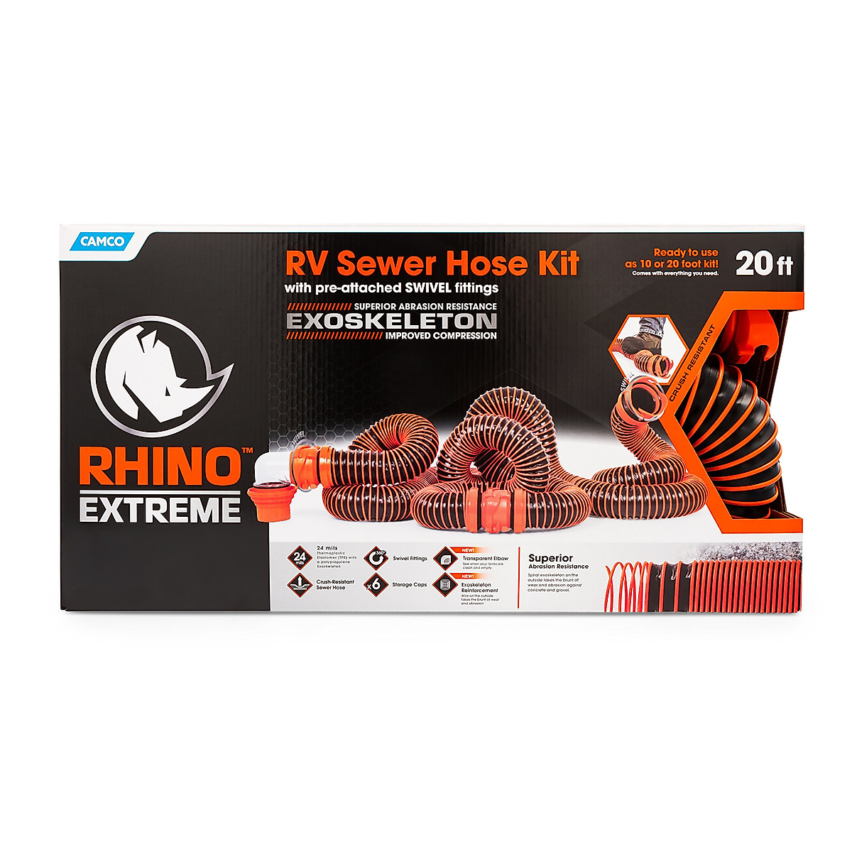 Camco RhinoEXTREME 20-Foot Camper/RV Sewer Hose Kit | Features TPE Technology for Abrasion Resistance and Crush Protection | Includes Pre-Attached Rhino Swivel Fittings (39867)
