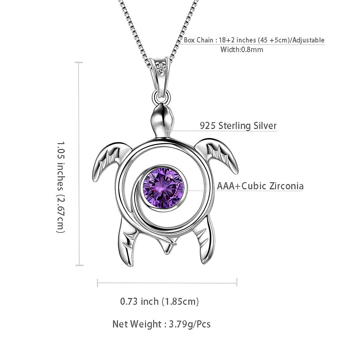 Aurora Tears Turtle Necklace Customized Birthstone 925 Sterling Silver Sea Animal Personalized Turtle Pendant Women Cute Jewelry DP0172 (B.Purple-February-Amethyst)
