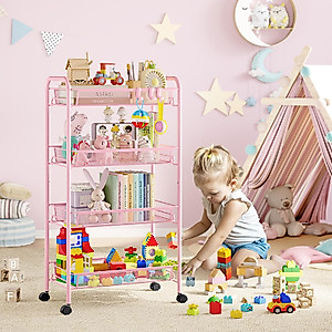 TOOLF 4-Tier Rolling Cart, Metal Utility Cart with 3 Hooks, Easy Assemble Mobile Storage Trolley On Wheels, Slide Out Shelving Units Kitchen Bathroom Laundry Room