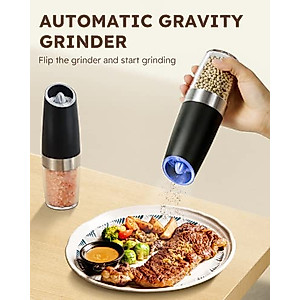 Gravity Electric Pepper and Salt Grinder Set, Sangcon Automatic Pepper and Salt Mill Grinder Battery Powered with LED Light, Adjustable Coarseness, One Hand Operation, Upgraded Larger Capacity, 2 Pack
