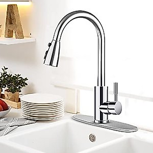 Upgrade Pull Down Kitchen Sink Faucet - Single Handle Kitchen Faucet with Sprayer,Commercial Low Lead High Arc with Deck Plate,Stainless Steel Brushed Nickel