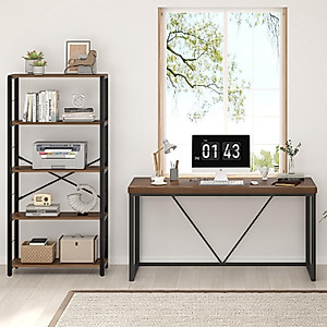 FOLUBAN Large Office Desk, Modern Simple Wood and Metal Computer Desks, Industrial Work Study Writing Gaming Table, Rustic Walnut, 60 Inch