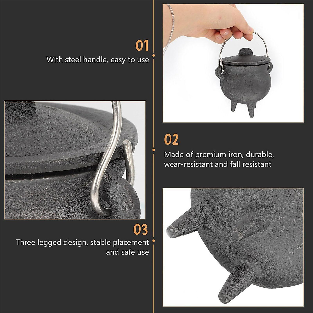 Cast Iron Cauldron with Lid and Carry Handle, 4 Inch Halloween Witch Pot for Spells, Smudging, Ritual & Blessings | Halloween Decoration Or Incense Burning